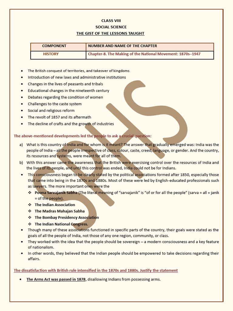 Social Science (History-Chapter 8 - The Making of The National Movement - 1870s - 1947) Gist ...