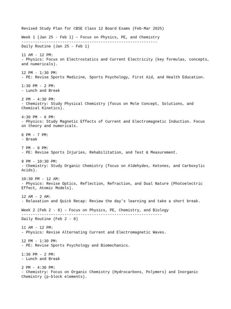Updated Study Plan Class 12 Cbse Board Exams | PDF | Chemistry | Physics