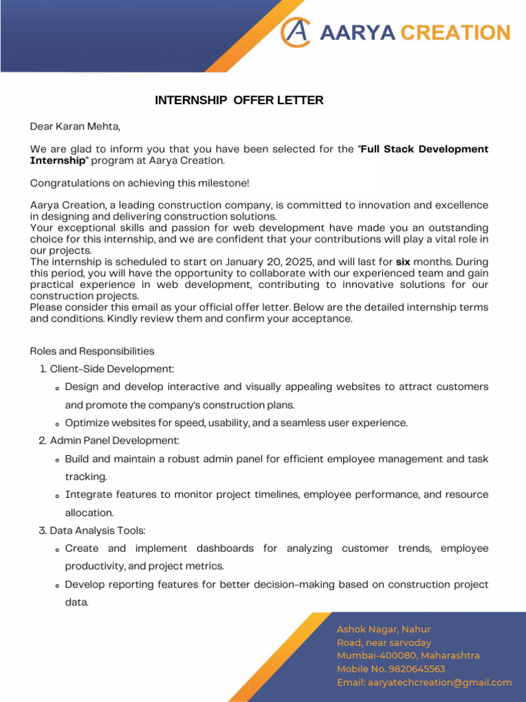 Karan Mehta AARYA CREATION Offer Letter | PDF | Web Development ...