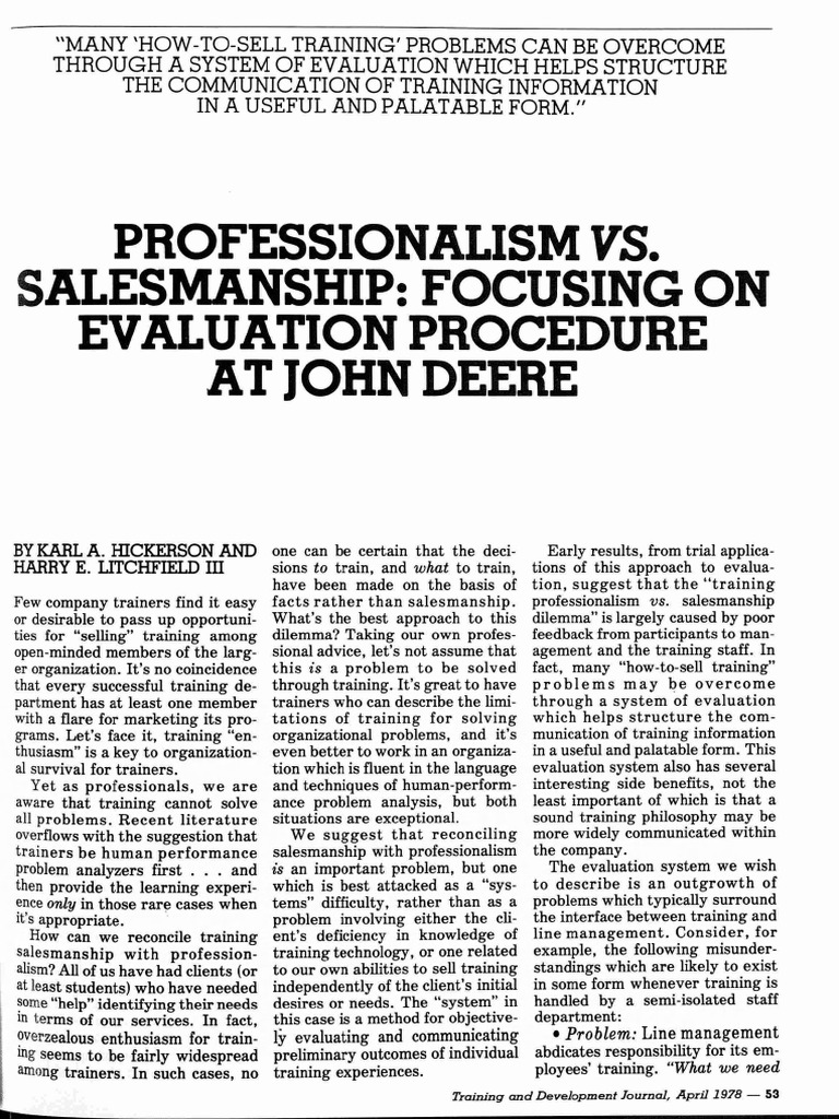 Professionalism VS Salesmanship Focusing On Evaluation Procedure at John Deere | PDF ...