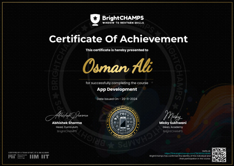 App_Development Certificate of Achievement for Osman Ali | PDF