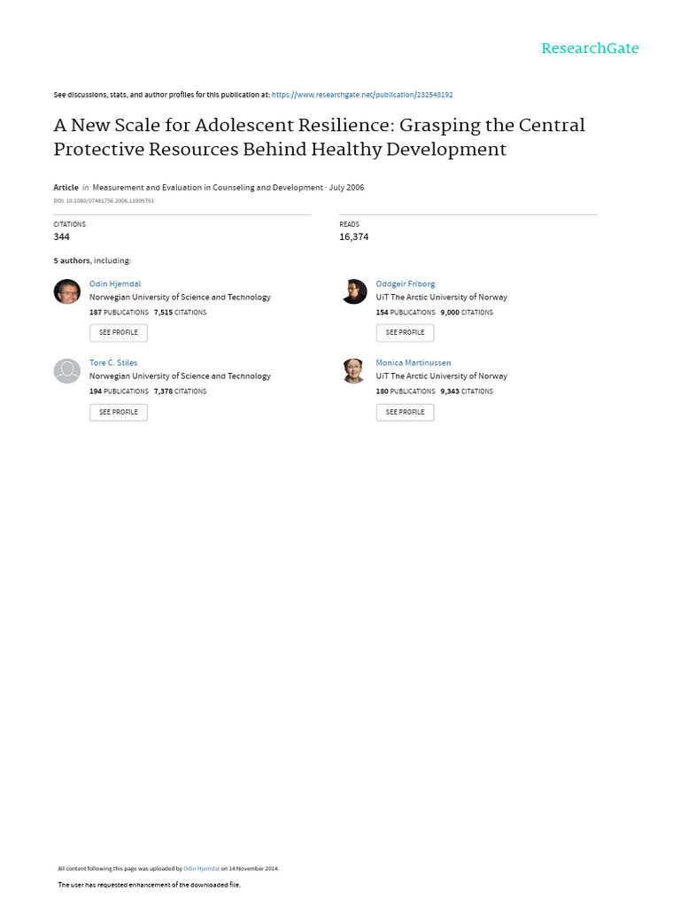 Adolescent Resilience Scale Development | PDF | Psychological Resilience | Covariance