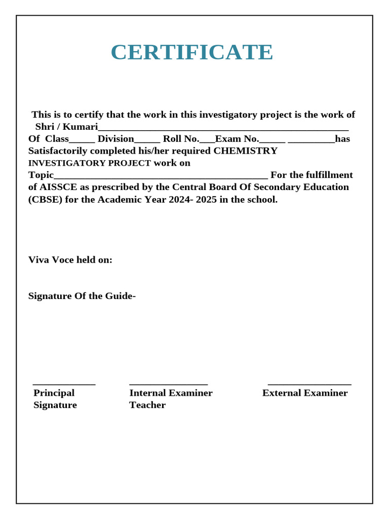 CBSE Chemistry Project Certificate | PDF