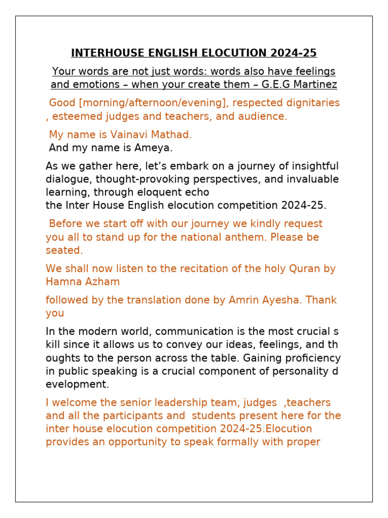 Inter-house English Elocution 2024-2025 Vainavi and Ameya Anchoring. | PDF