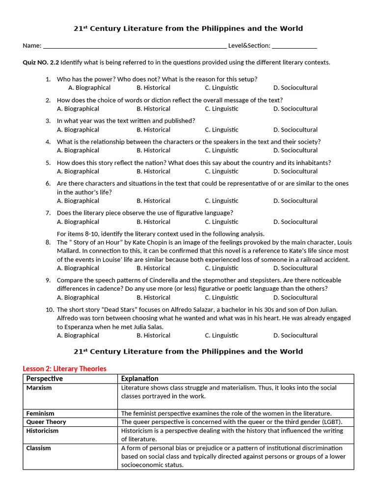 Literary Contexts & Criticisms Quiz | PDF | Linguistics | Gender