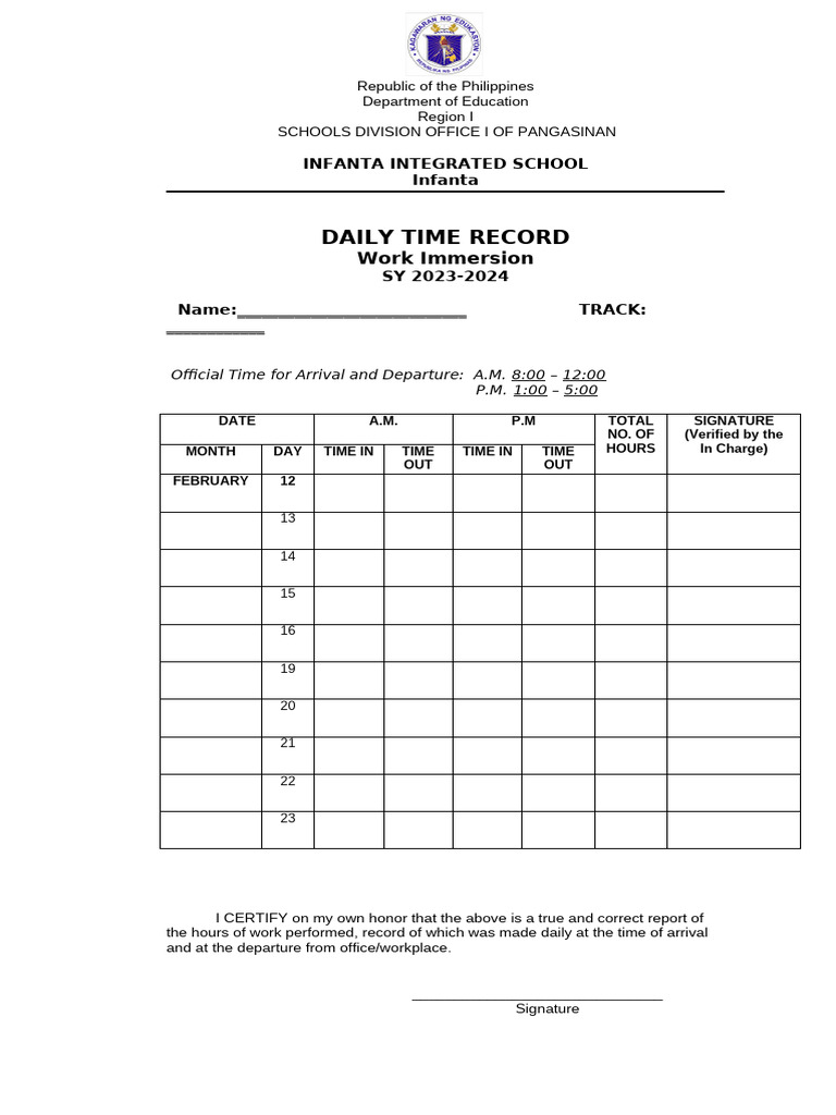 Work Immersion Daily Time Record 2023-2024 | PDF