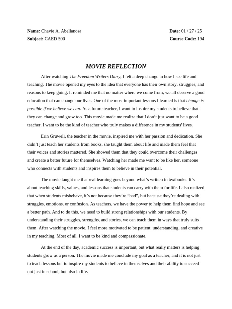 Freedom Writers Reflection | PDF