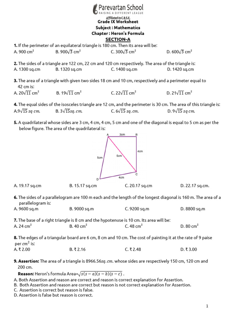Heron's Formula Math Worksheet IX | PDF | Area | Triangle