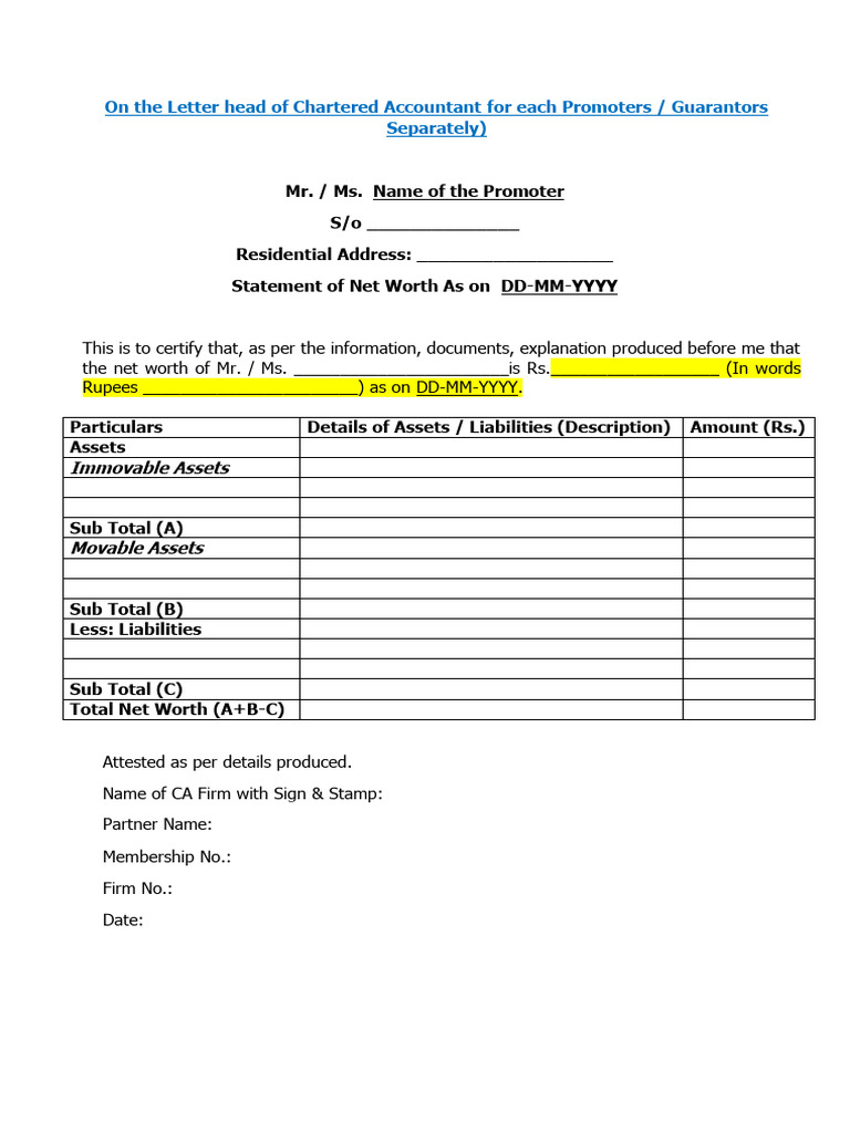 CA Certified Net Worth Certificate Format | PDF
