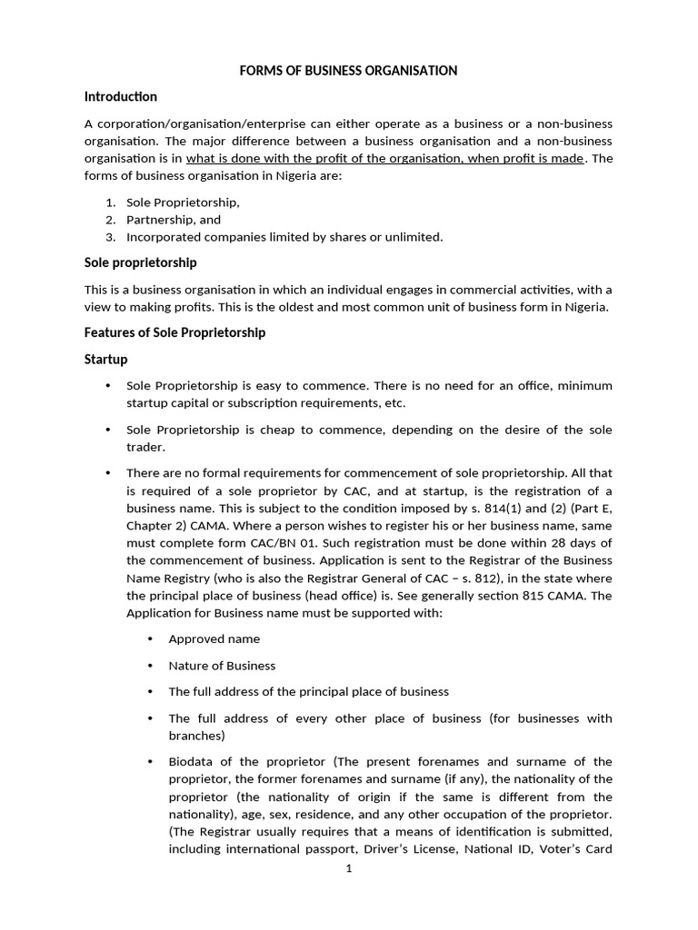 Business Organization Forms in Nigeria | PDF | Partnership | Sole ...