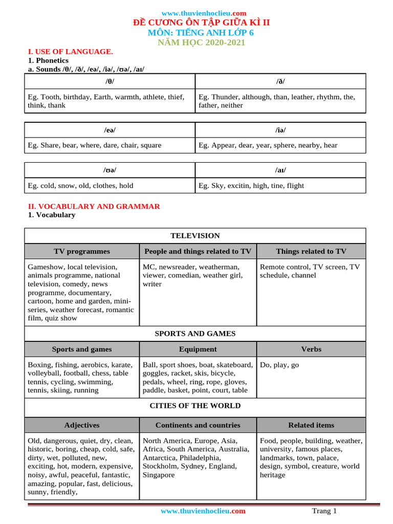 thuvienhoclieu.com-De-cuong-on-tap-giua-HK2-TIENG-ANH-6 (1) | PDF