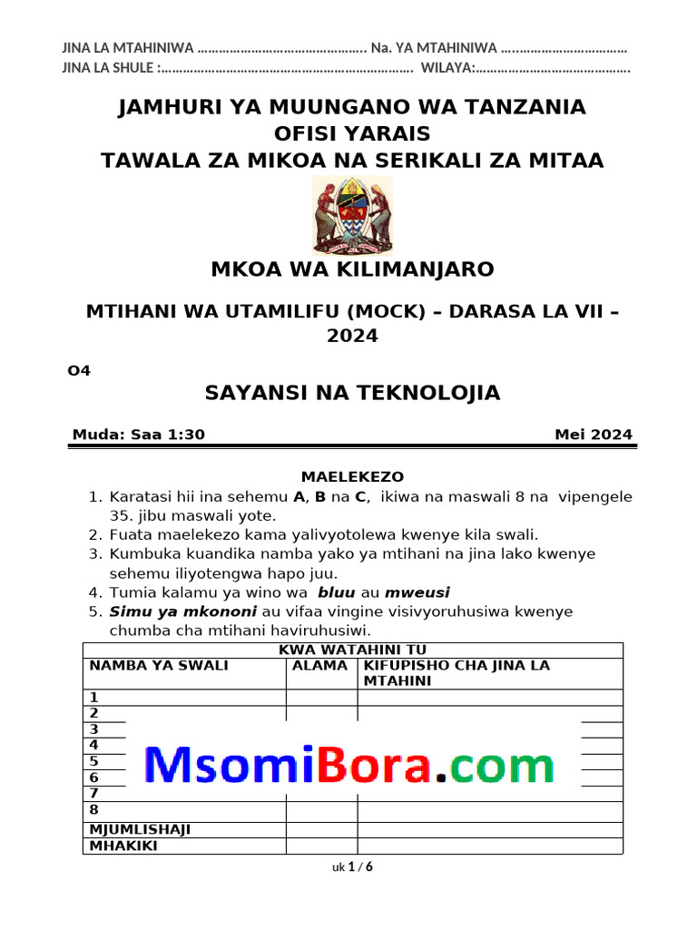 Sayansi Na Teknolojia Darasa La Saba Mock 2024 | PDF