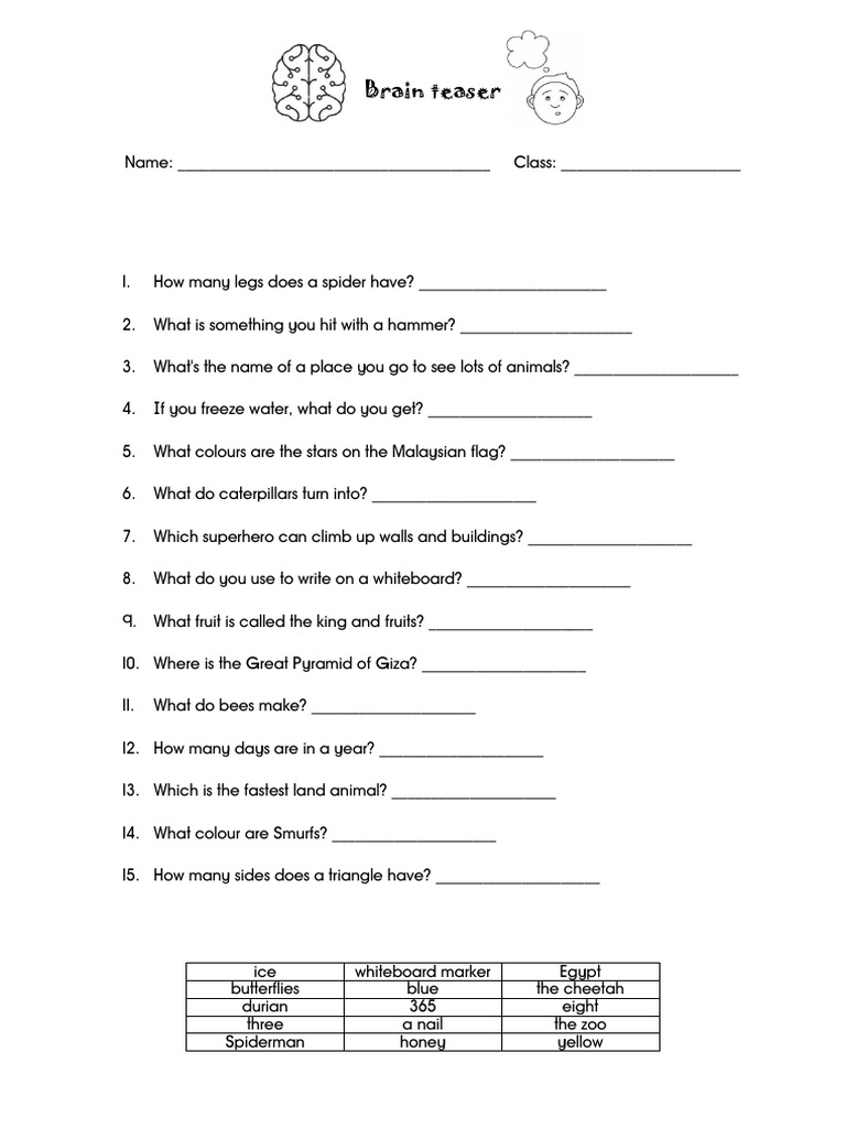 Brain Teasers for Kids Worksheet | PDF