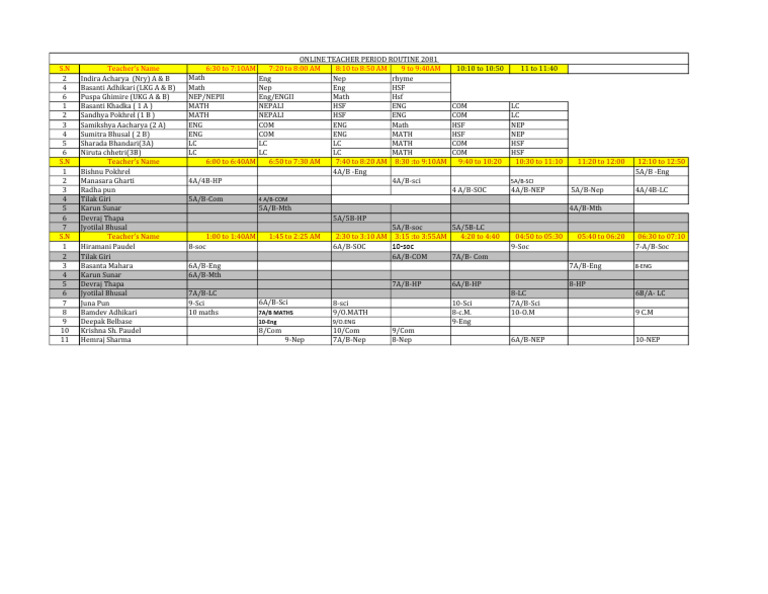 Online Teachers Routine For 2081-02-17 Thursday SES | PDF