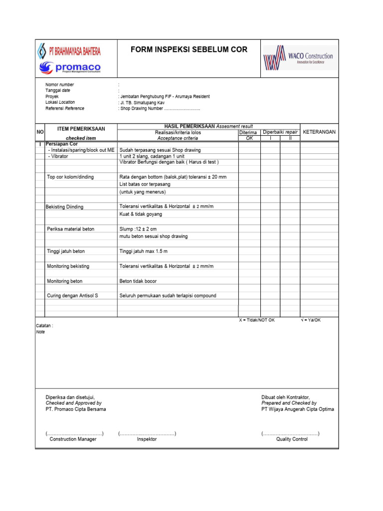 Form Checklist Sebelum Cor | PDF