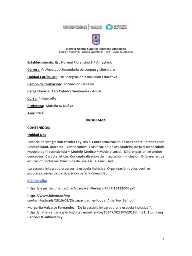 ENSFA Programa EDI Integracion e Inclusion Educativa 2024 | PDF ...