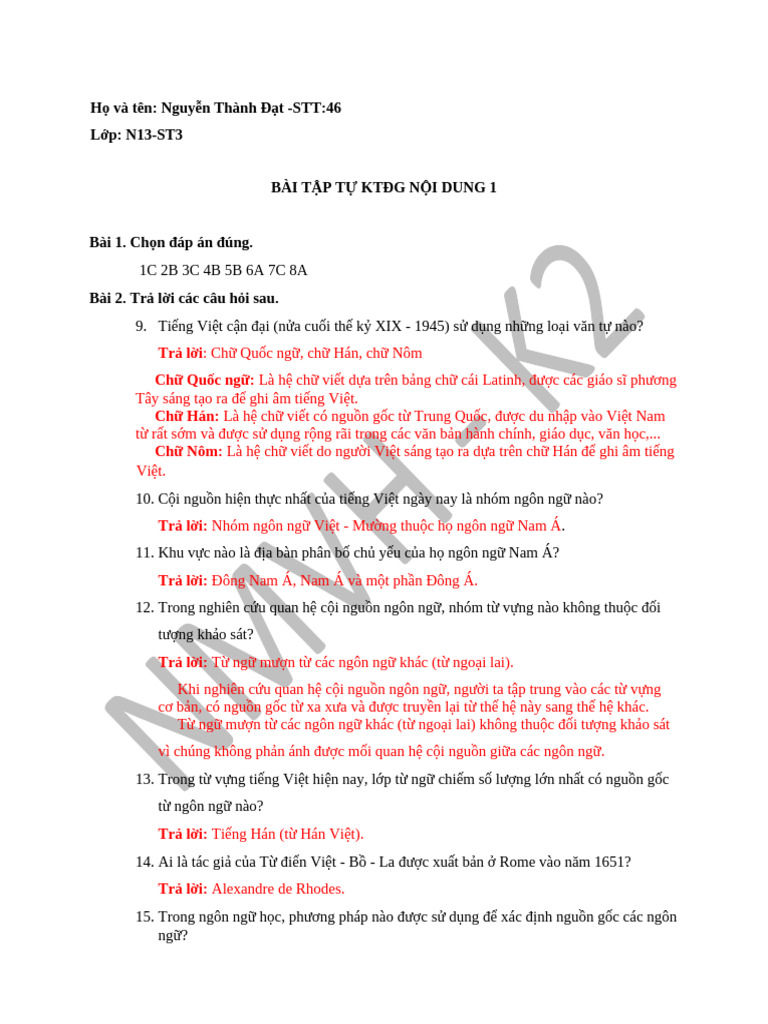 BÀI TẬP TỰ KTĐG ND1 | PDF