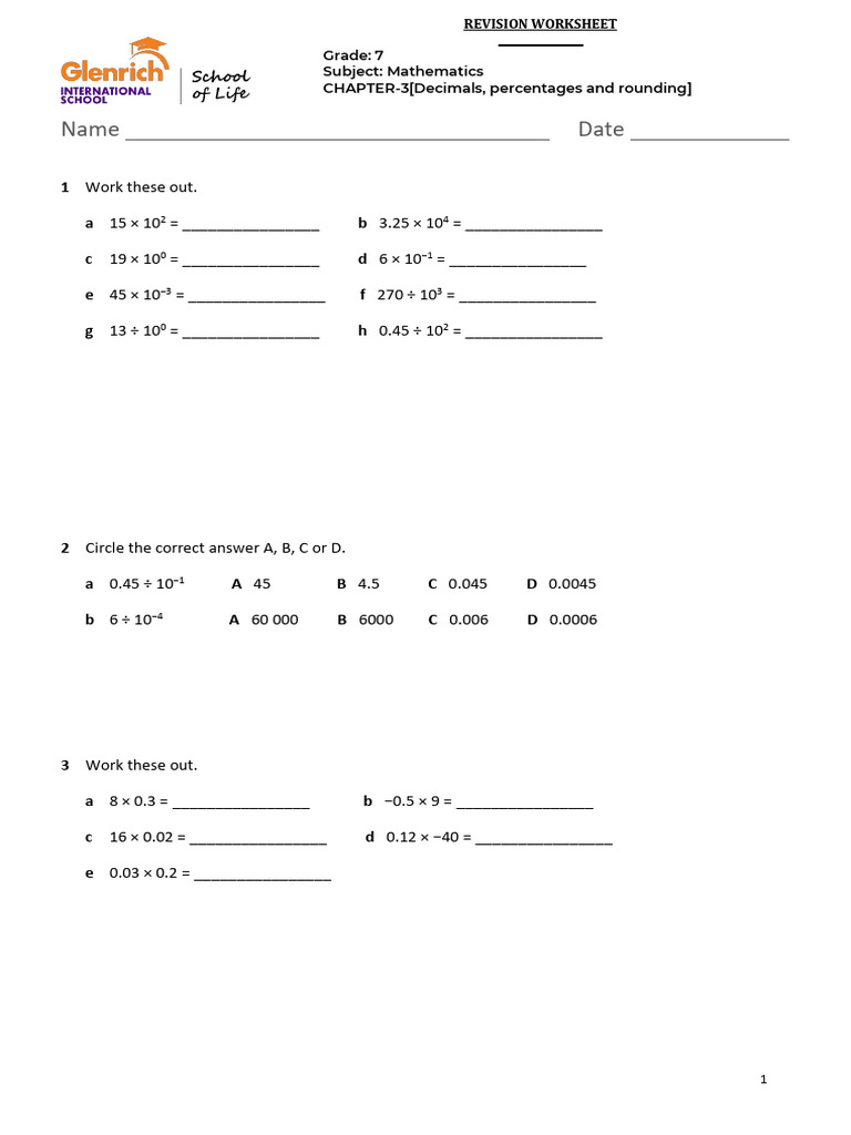 Grade 7 Math Revision: Decimals & Percentages | PDF | Numbers | Rounding