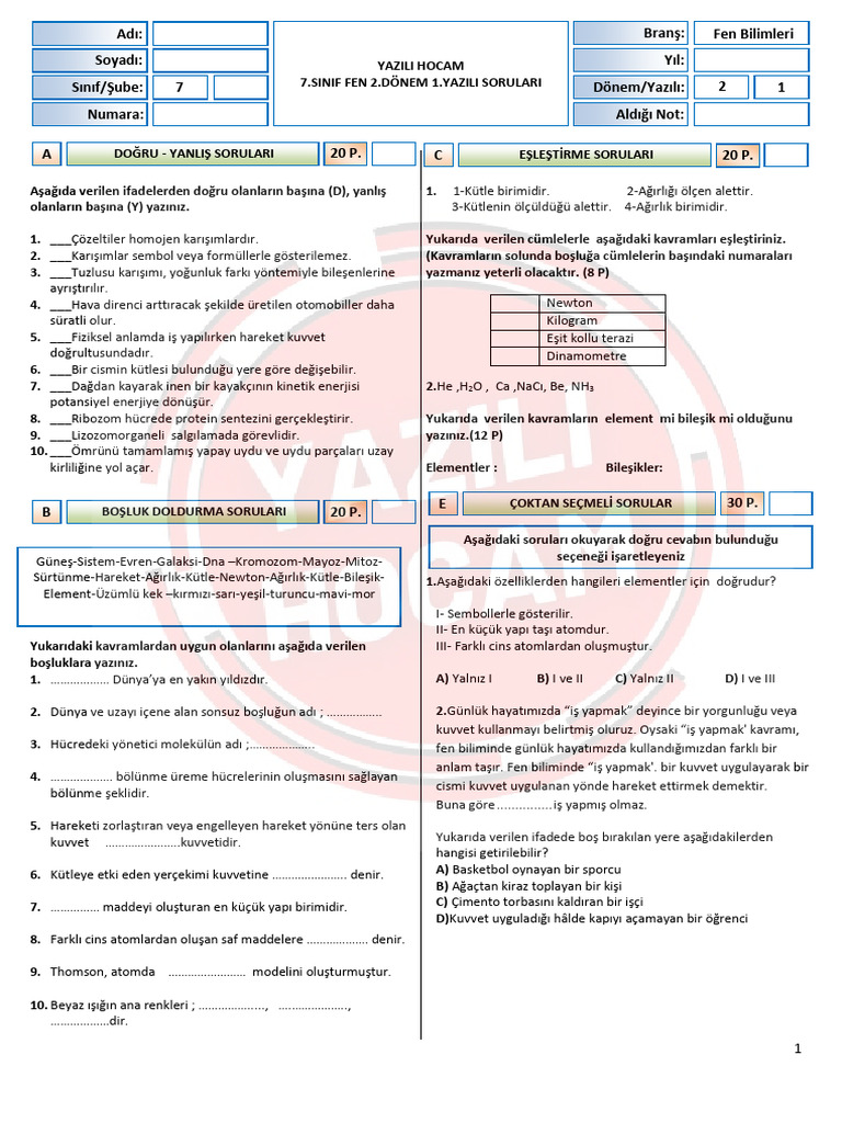 7.sinif Fen 2.dönem 1.yazili Sorulari | PDF