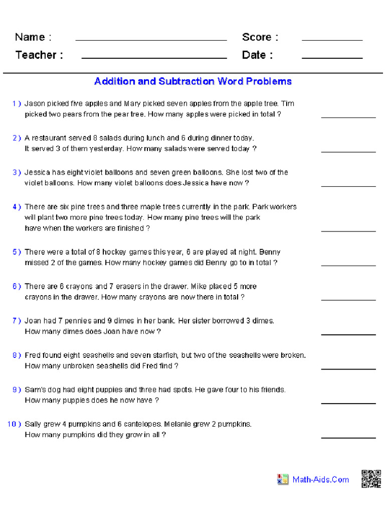 Addition Subtraction Word Problems Worksheets | PDF