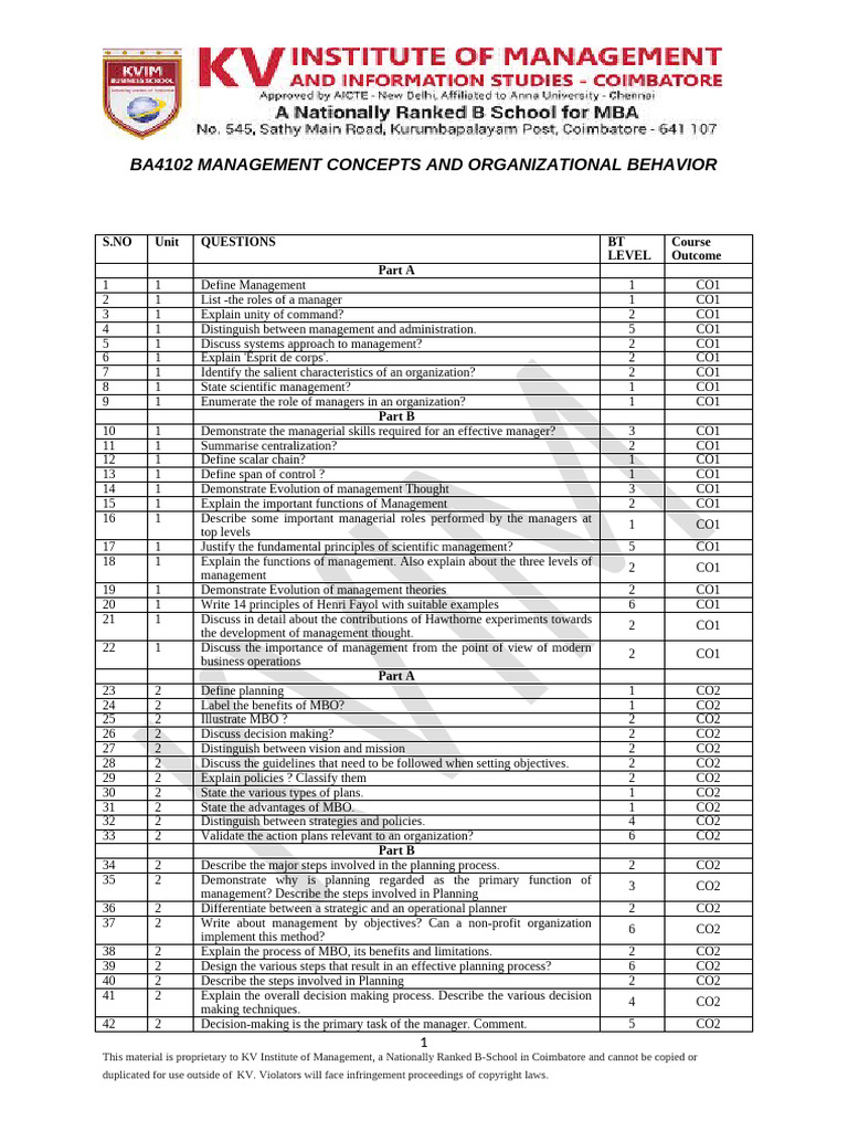 150119-MCOB Question Bank | PDF | Organizational Behavior | Leadership