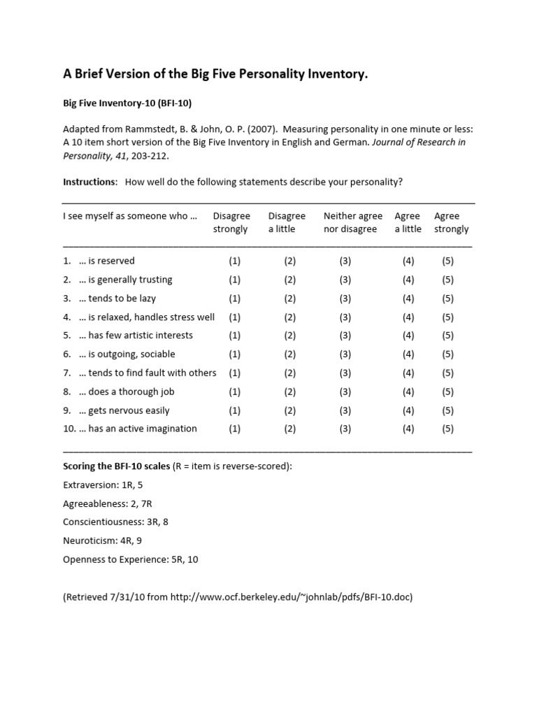 Brief Big Five Personality Inventory Pdf