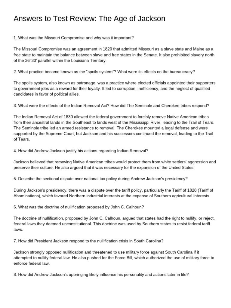 Answers To Test Review - The Age of Jackson | PDF | Slavery In The ...