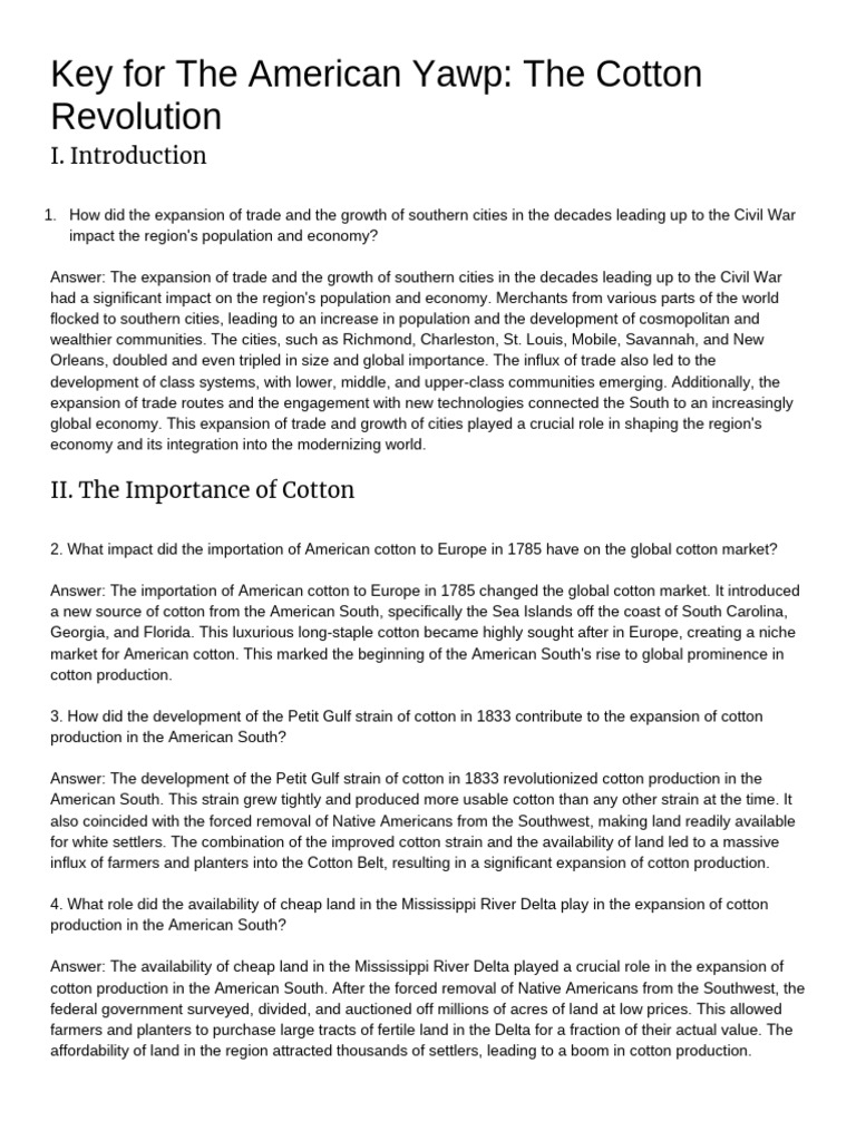 Key For The American Yawp - The Cotton Revolution | PDF | Slavery In ...