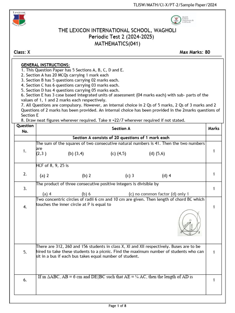 Class X Mathematics Sample Paper 2024 | PDF | Circle | Speed