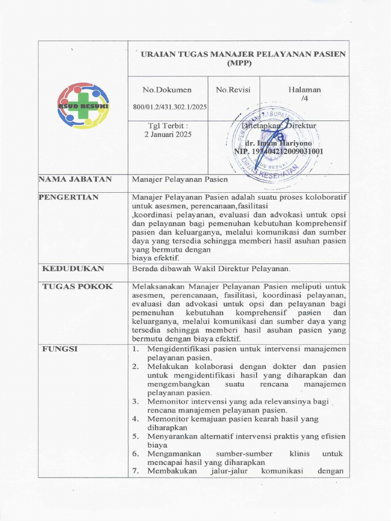 Uraia Tugas Manajer Pelayanan Pasien | PDF