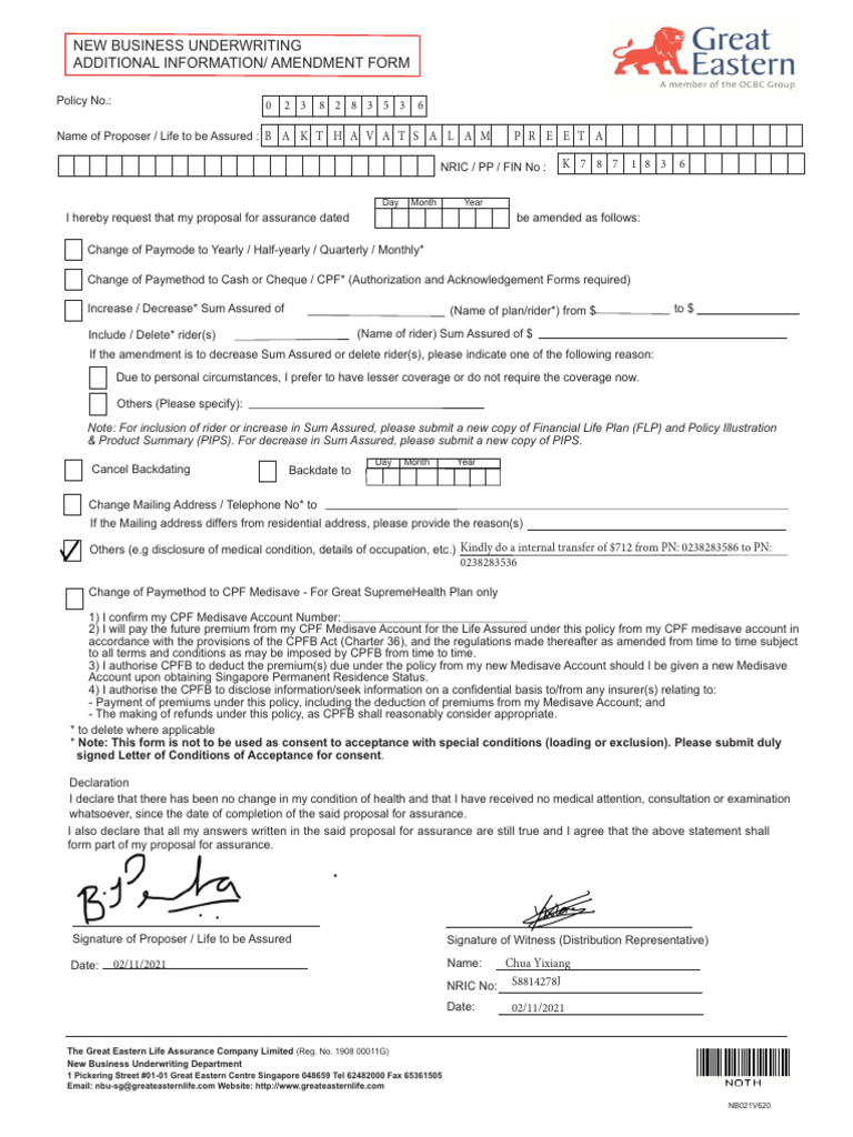 New Business Underwriting Amendment Form | PDF | Insurance | Life Insurance