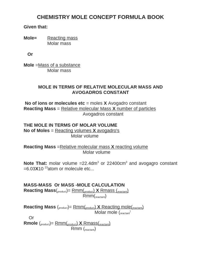 CHEMISTRY MOLE CONCEPT FORMULA BOOK | PDF