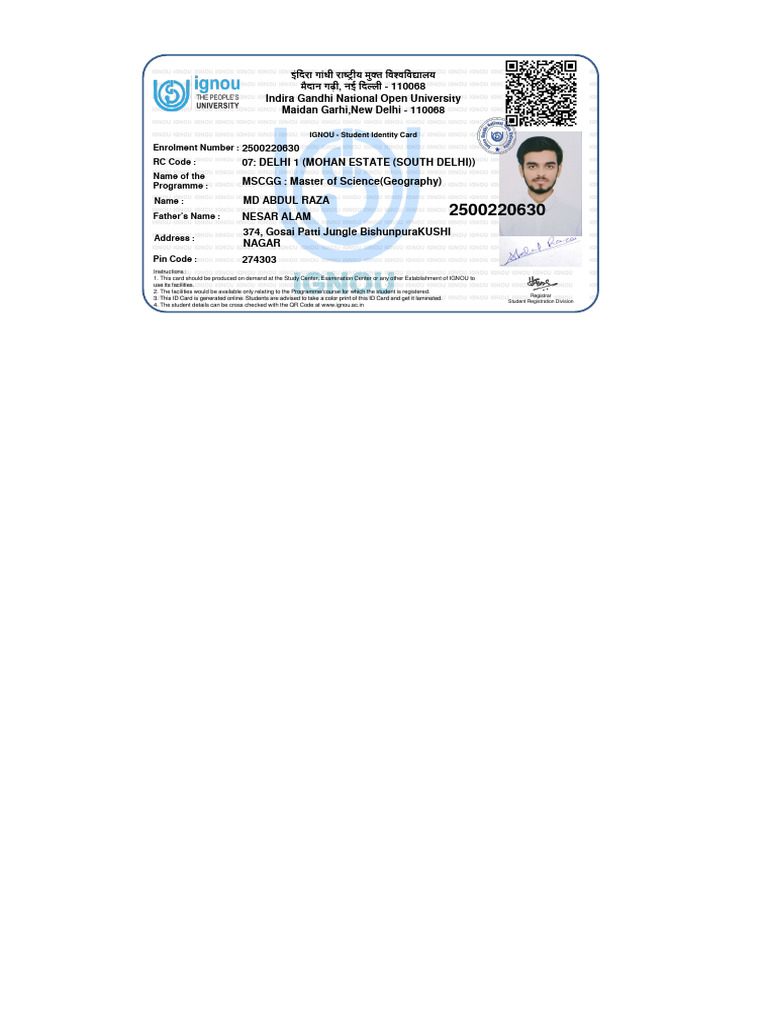 Enrolment Number: RC Code: Name of The Programme: Name: Father's Name: Address: Pin Code | PDF