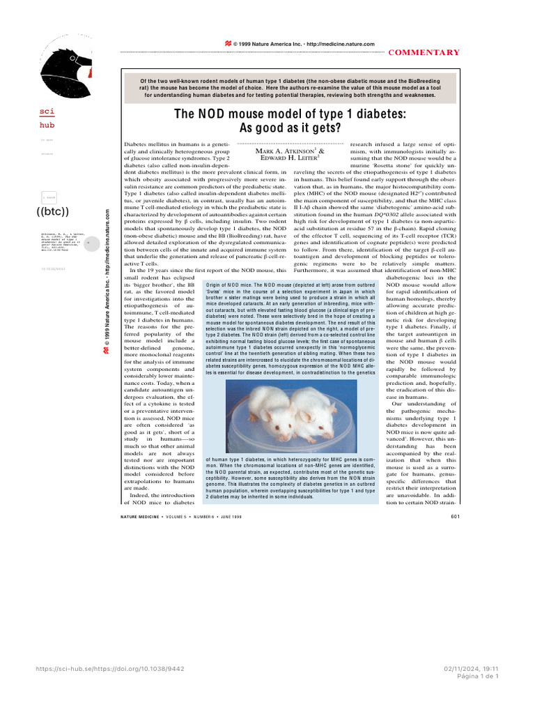 Sci-Hub - The NOD Mouse Model of Type 1 Diabetes - As Good As It Gets ...