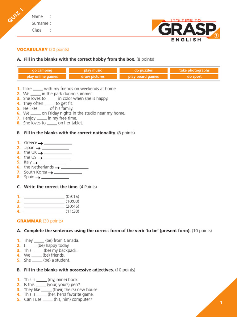 grasp 1 quiz 1 | PDF | Linguistics | Grammar