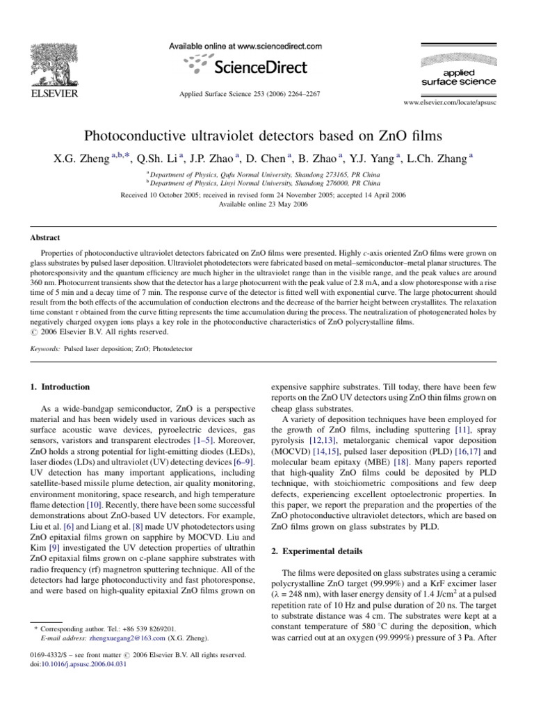 Photoconductive ultraviolet detectors based on ZnO films | PDF | Zinc Oxide | Ultraviolet