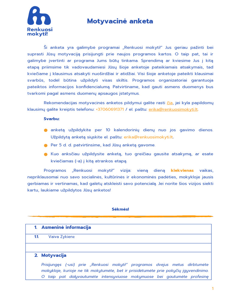 Renkuosi Mokyti - Dalyvių Motyvacinė Anketa - RM16 | PDF