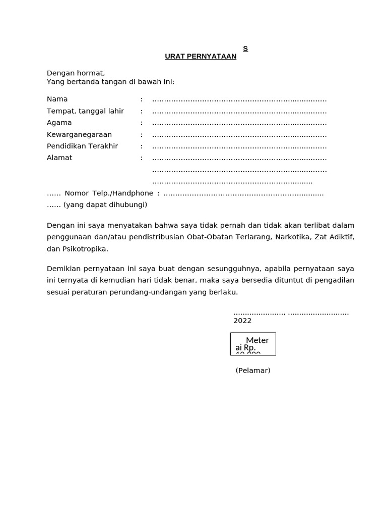 Contoh Surat Pernyataan Bebas Narkoba CPPPK | PDF