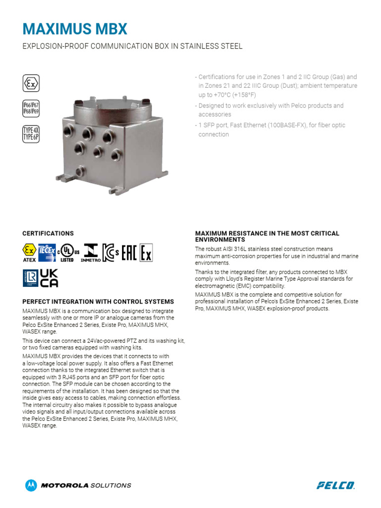 Pelco Maximus MBX Explosion Proof Box Specification Sheet en | PDF | Electronics | Electrical ...
