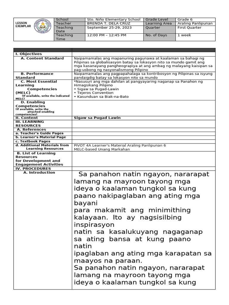 Lesson Exemplar: PIVOT 4A Learner's Material Araling Panlipunan 6 MELC ...