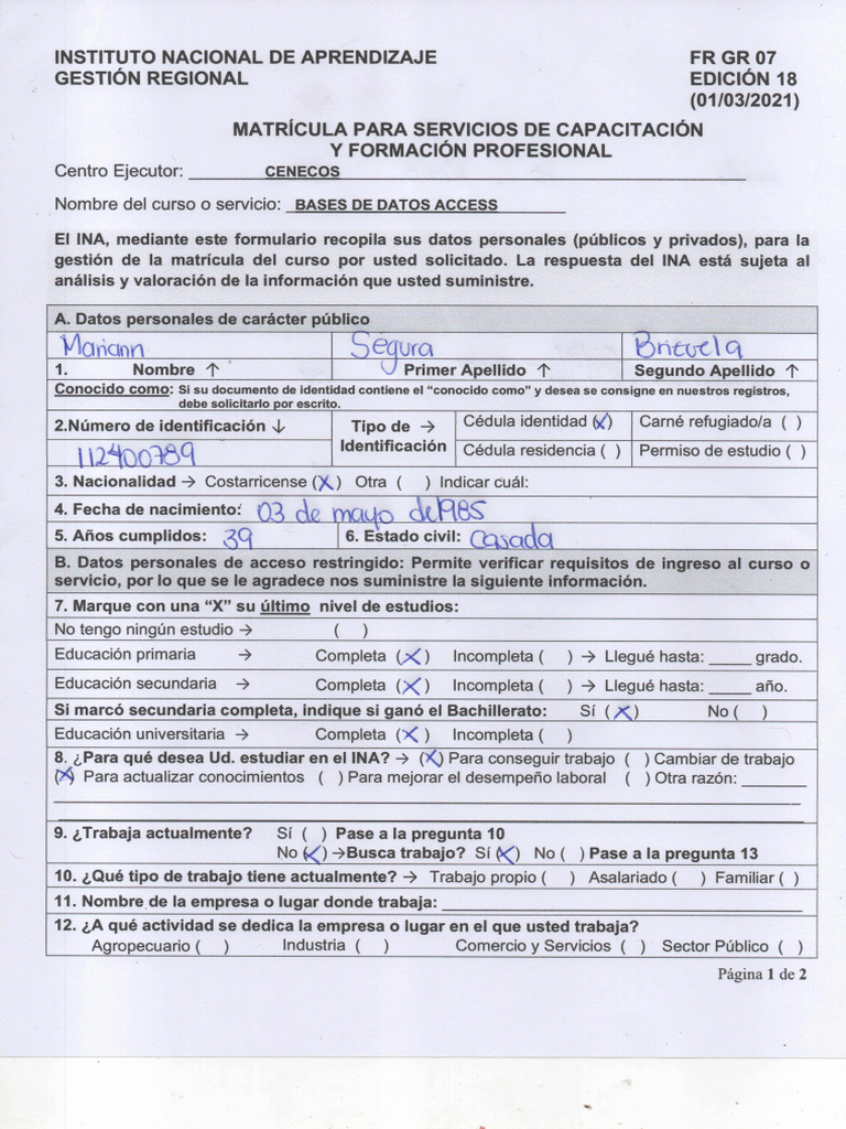 Formulario Ina | PDF