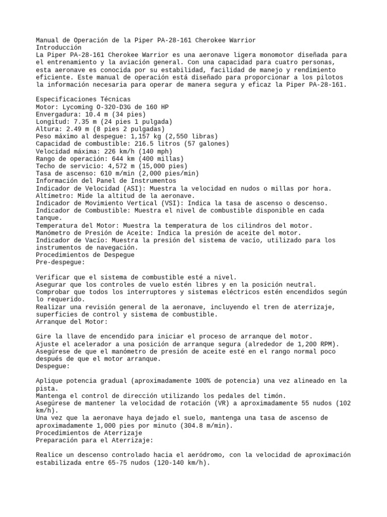 Manual de Operación Piper PA-28-161 | PDF | Aviación | Aeronave
