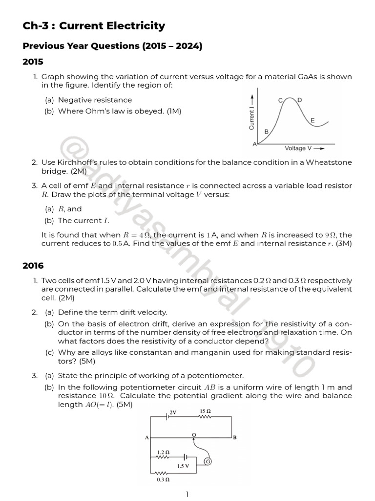 Class 12 Current Elec. PYQs | PDF | Series And Parallel Circuits | Voltage