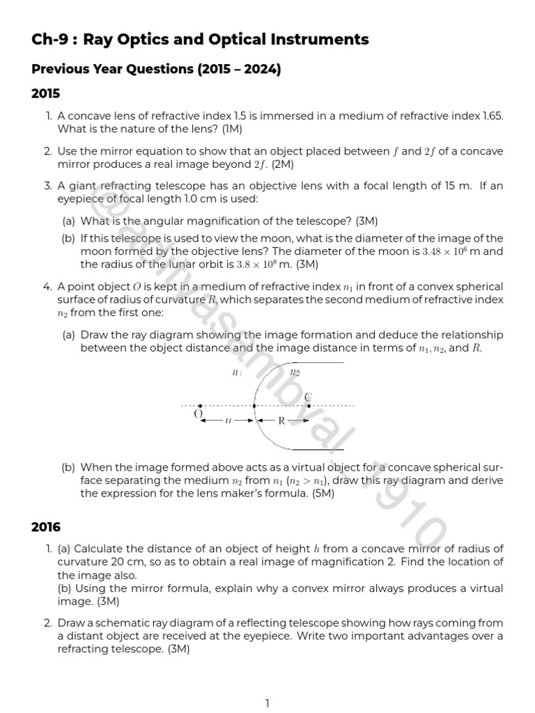 Ray Optics Exam Questions (2015-2024) | PDF | Optics | Refractive Index