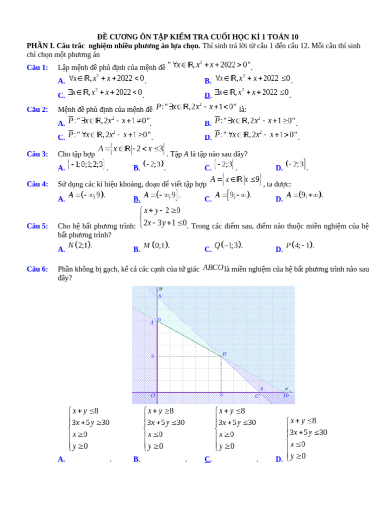 ĐỀ CƯƠNG HK1 10 | PDF