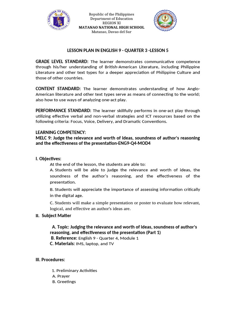 LESSON PLAN in Q4 Week1 9 | PDF | Multiple Choice | Lesson Plan