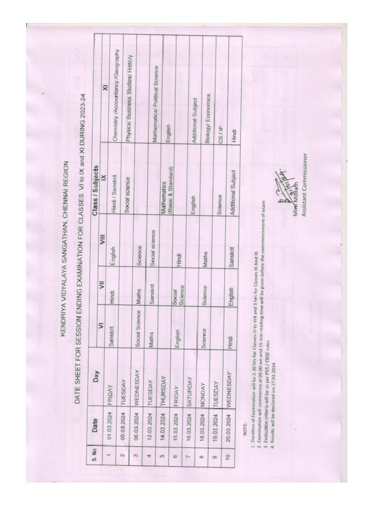 Date Sheet For Session Ending Examination For Classes VI To Ix and XI ...