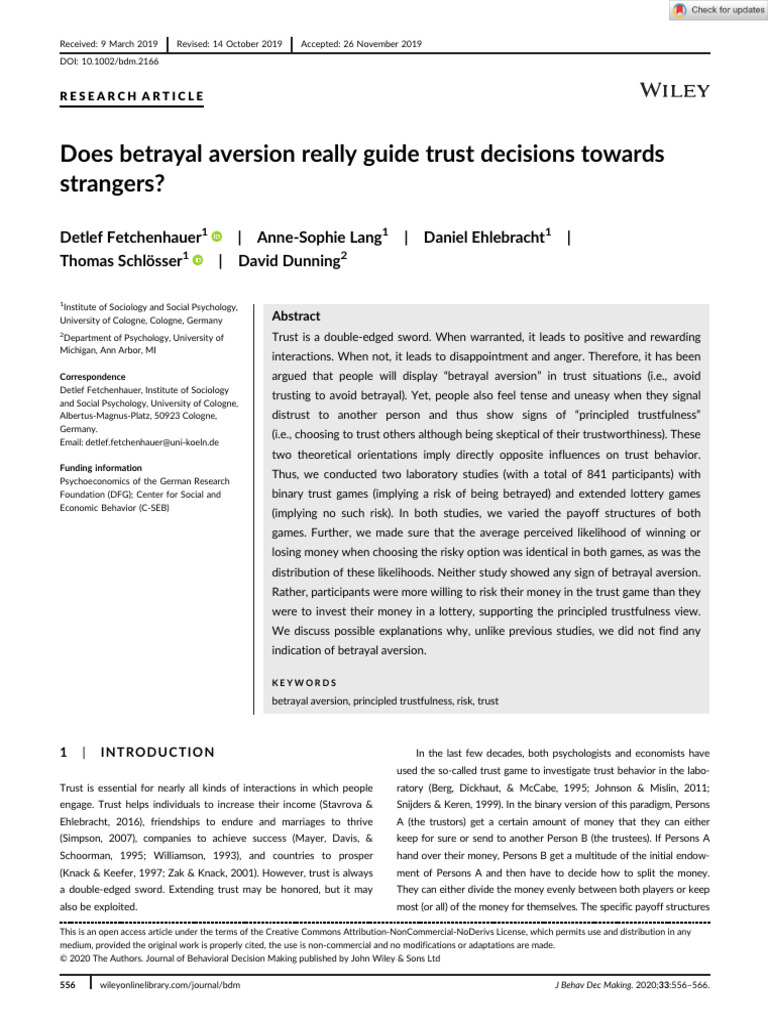 Does betrayal aversion really guide trust decisions towards strangers | PDF | Risk | Behavioural ...