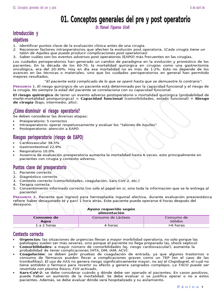 Conceptos Generales Del Pre y Post Operatorio | PDF | Especialidades Medicas | Medicina CLINICA