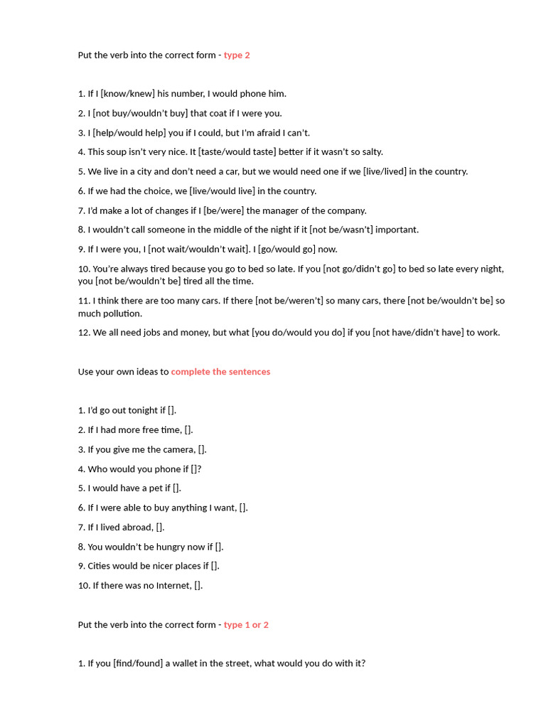 Conditional Verb Forms Exercise | PDF